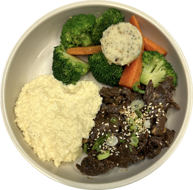 Bulgogi, cheesy cauliflower grits, broccoli, carrots, garlic butter ...